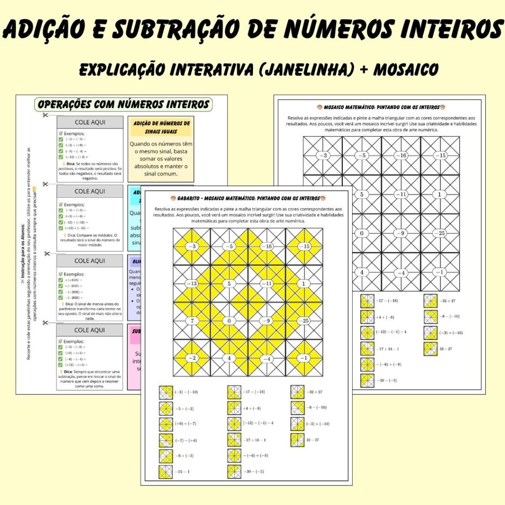 Adição e Subtração de Números Inteiros – Janelinha + Mosaico 🧮🎨 ...